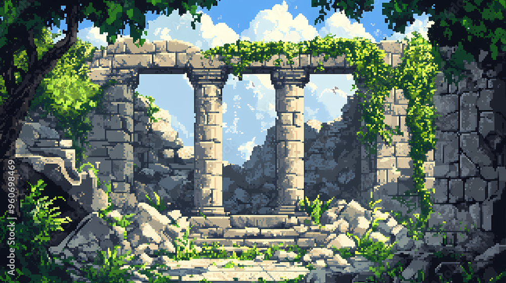 A pixel art ancient ruin with broken pillars, crumbling walls, and ...