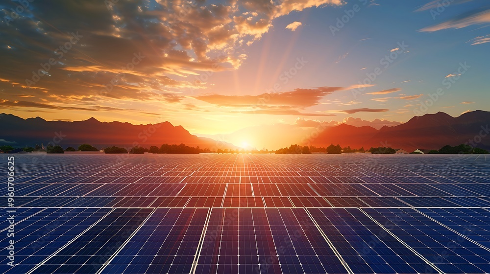 A vast solar panel field under a bright sunny sky, reflecting sunlight ...