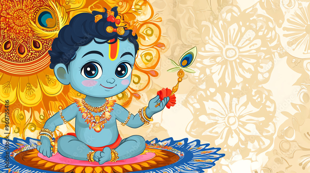 Cute little baby Krishna with Dahi Handi. Cartoon character Hindu god ...