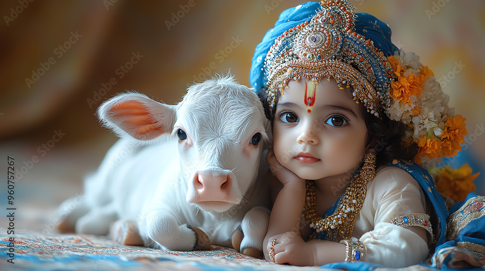 Cute little baby Krishna with sacred cow. Hindu god Lord Krishna with ...