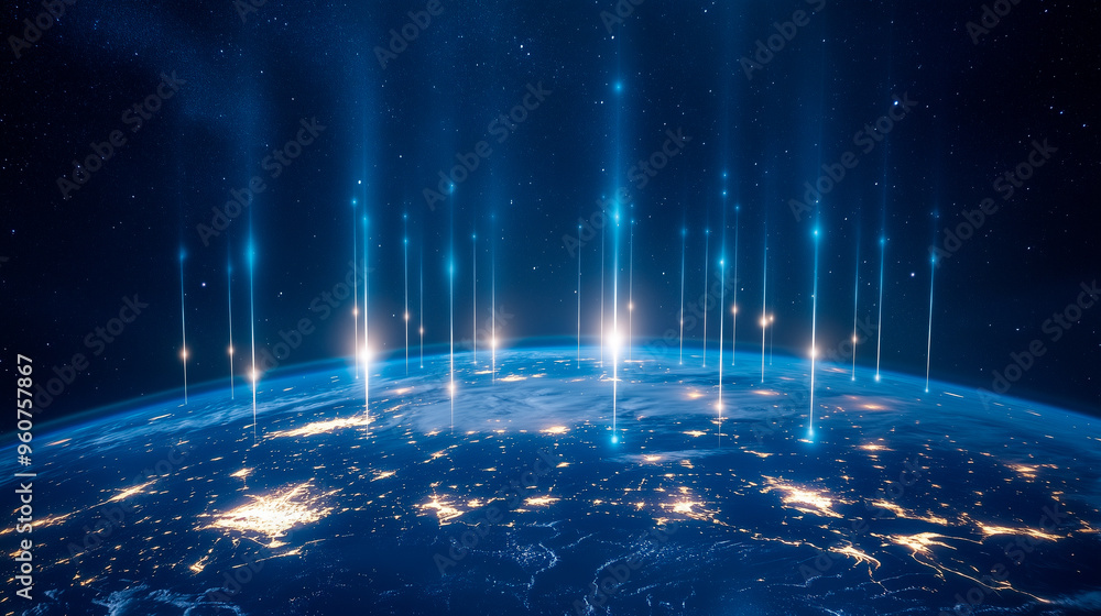 A futuristic view of Earth from space, featuring beams of light ...