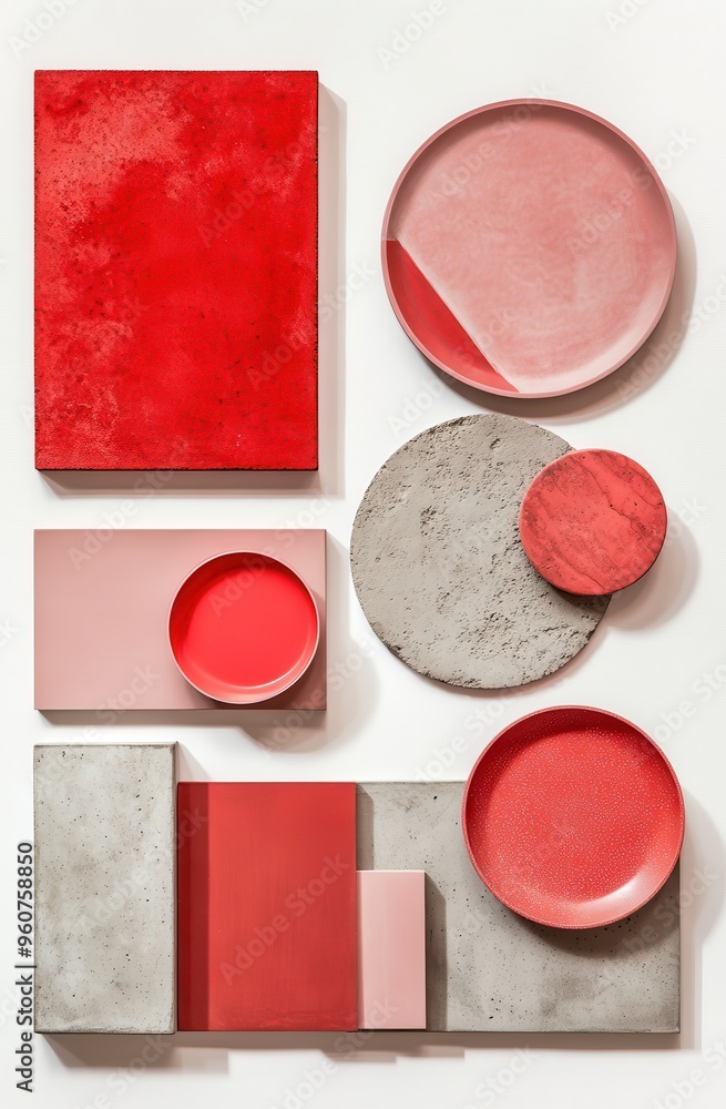 Red and gray material mood board with geometric shapes for education ...