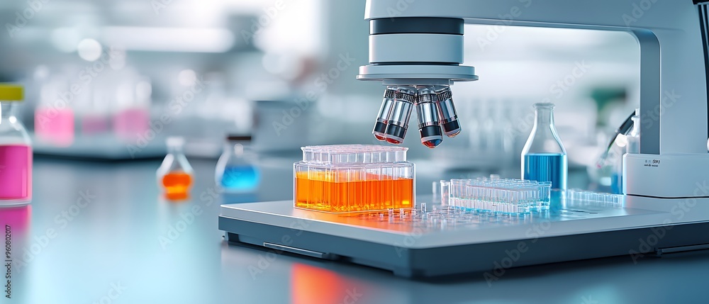 Sterile biotechnology lab with robotic systems handling genetic samples ...