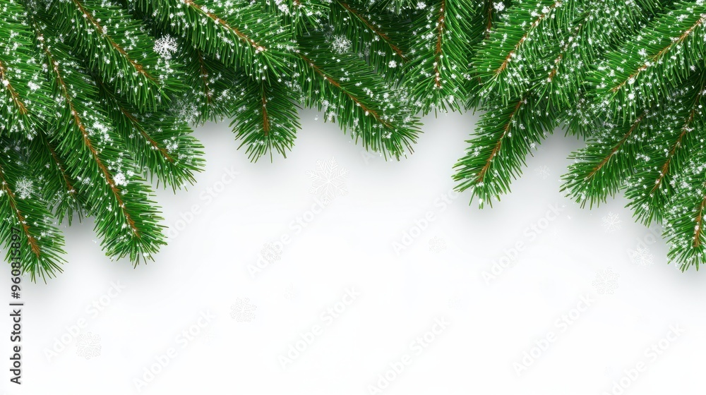 border of isolated green Christmas tree branches at the edge on transparent background with ...