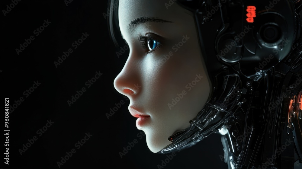 beautiful android girl with artificial intelligence, on isolated black ...
