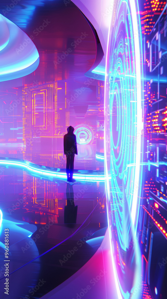 3D person silhouette standing in empty virtual space with walls of ...