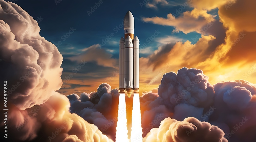 Ariane 6 European launch vehicle during fiery takeoff against dramatic ...