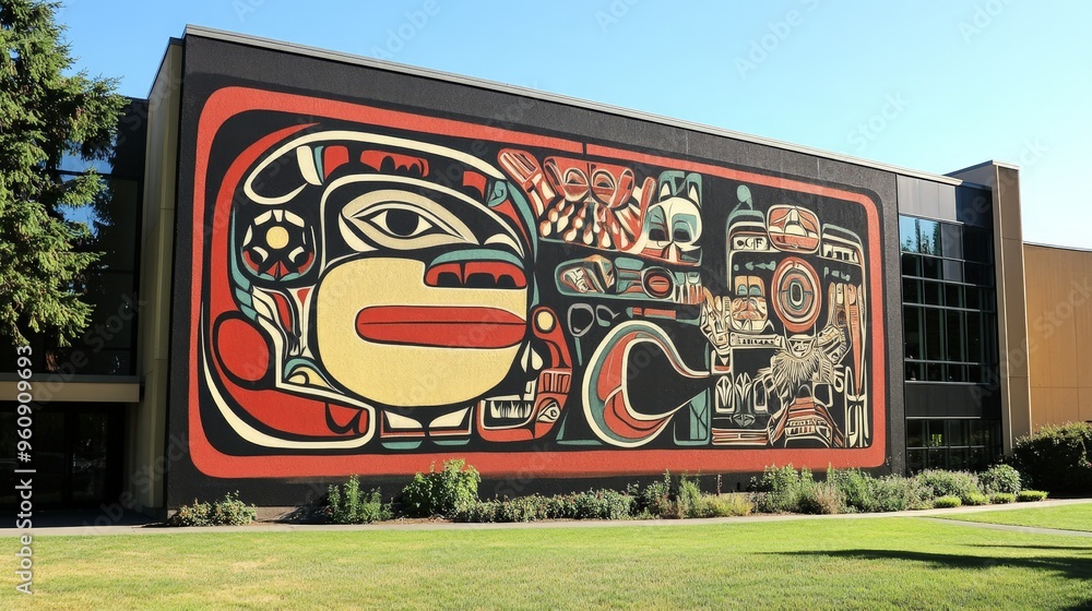 A detailed indigenous mural on a public building, featuring traditional ...