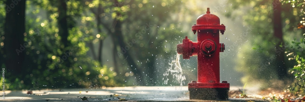Red fire hydrant spraying water, nestled among trees outdoors Stock ...