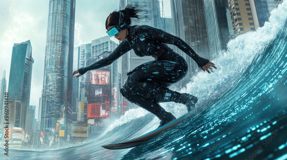 Surfer girl from California in cyberpunk attire, riding a wave made of ...