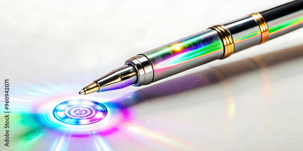 Holographic Pen with Labh Pancham Symbol and Copy Space on White ...