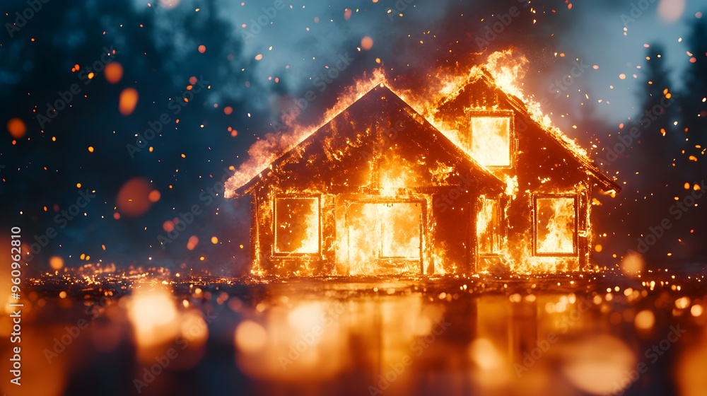 House consumed by fire in a night scene, flames raging through windows ...