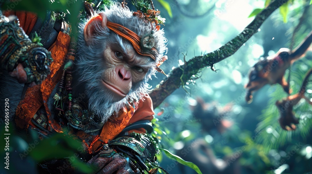 Wukong is depicted as a guardian spirit of nature, surrounded by lush ...