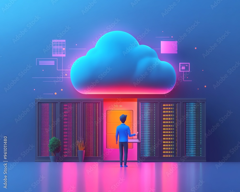 Flat design 3D illustration of Qadir, male figure, accessing cloud storage and uploading data ...