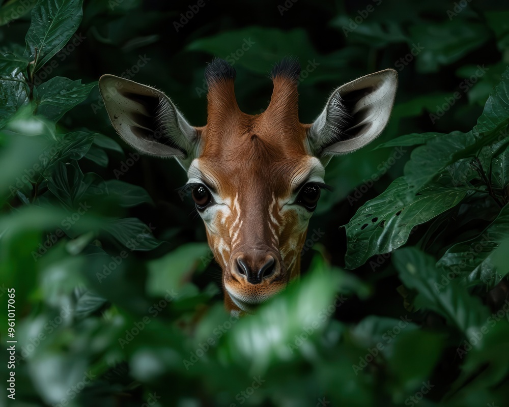 Okapi standing amidst thick forest foliage, rare giraffe relative ...