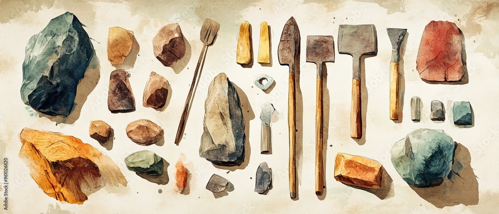 Prehistoric tools flat design top view archaeology theme watercolor ...