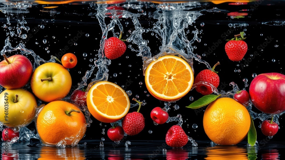 Falling fruit, fruits with water drops, falling water, apples with ...