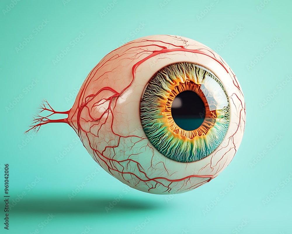 A 3D anatomical model of the human eye, showing the cornea, lens, and ...