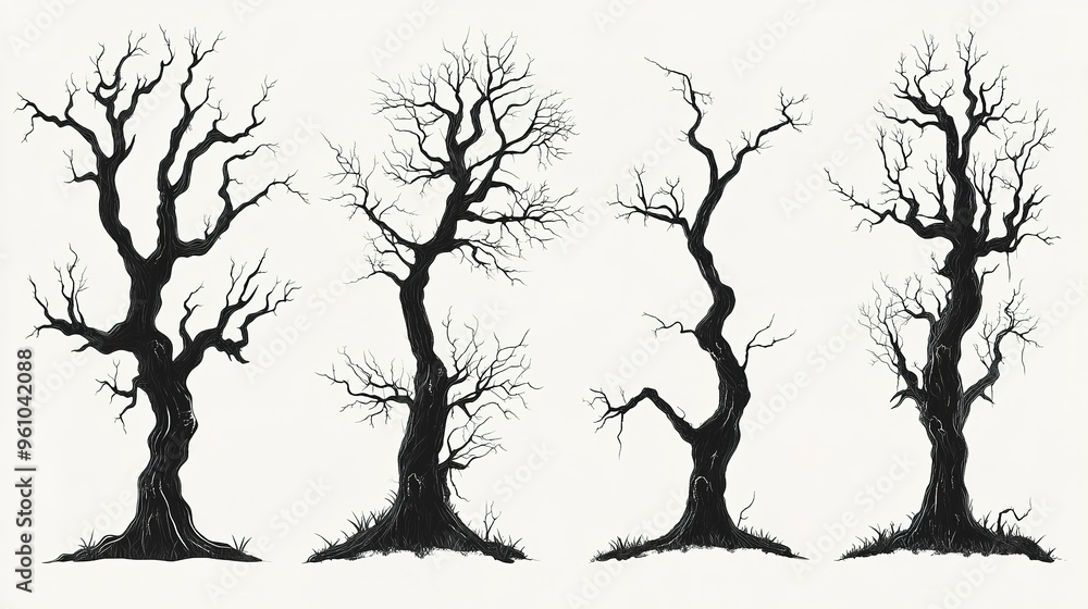 Haunted trees cartoon illustration. Collection of eerie, bare, dead and ...