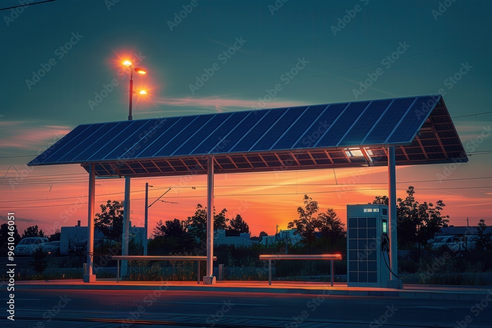 Solar-powered bus stop illuminated by streetlights at sunset ...