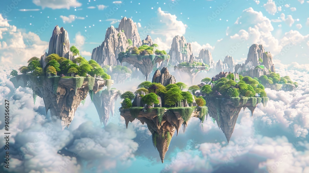 3D rendered fantasy world with floating islands and magical landscapes ...