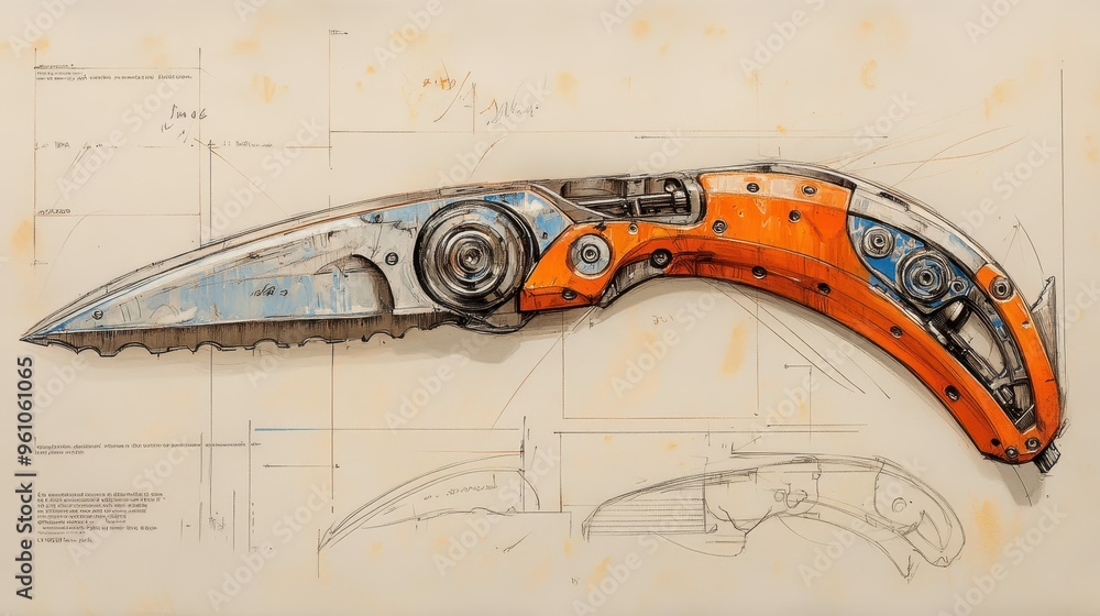 Technical sketch of pliers, showing detailed handle design and pivot ...