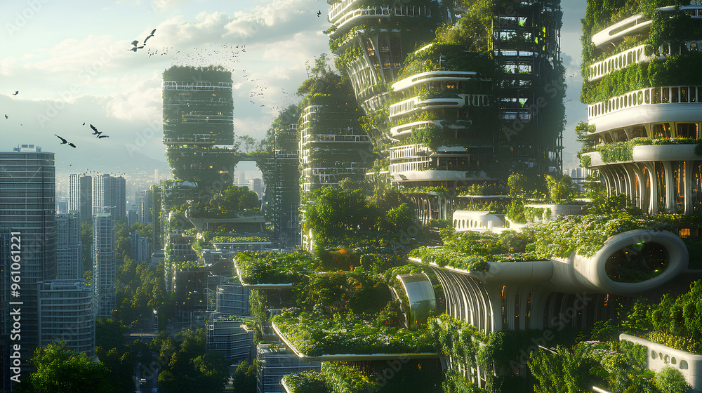 Futuristic city with skyscrapers covered in rooftop gardens supporting ...