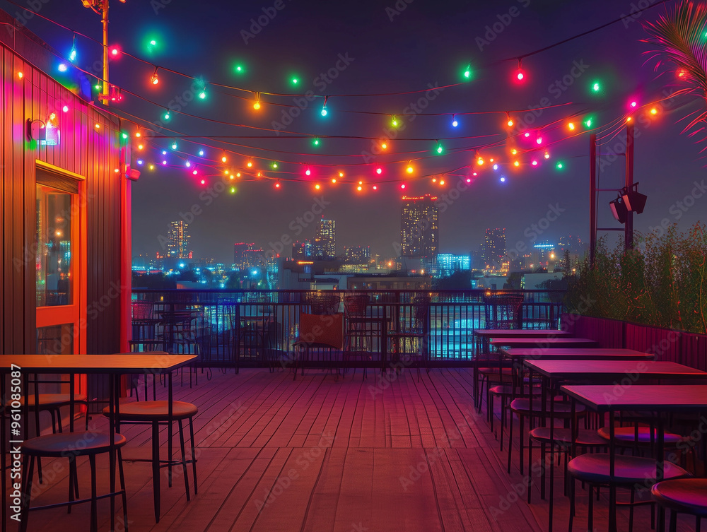 Vibrant rooftop club pub bar night scene colorful rainbow string glow ...