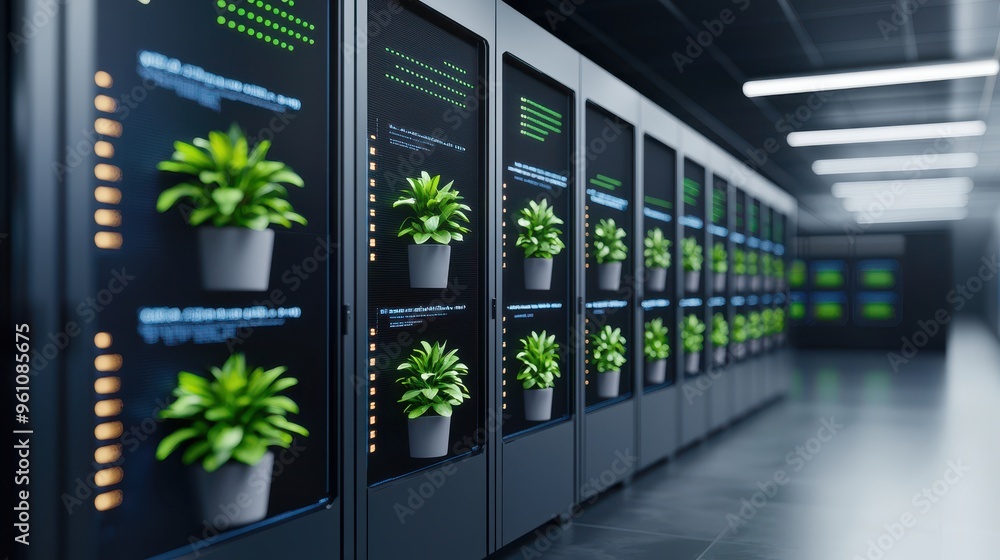 Modern data center featuring server racks decorated with potted green ...