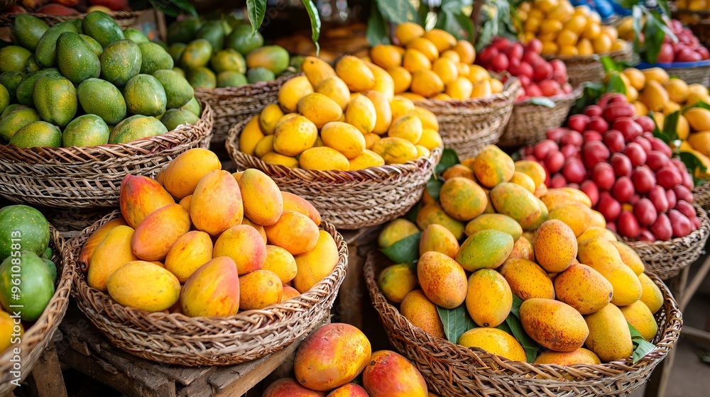 A bustling Thai fruit market filled with baskets of different varieties of mangoes and other ...