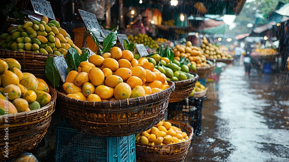 A bustling Thai fruit market filled with baskets of different varieties of mangoes and other ...
