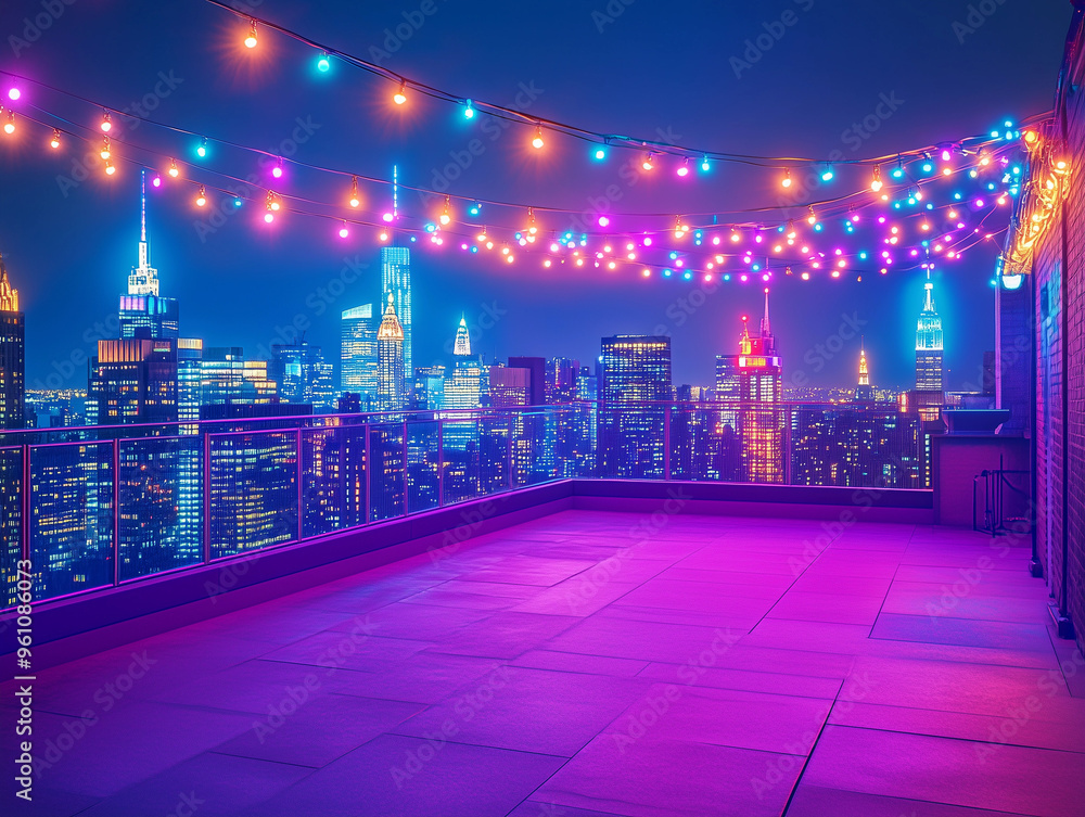 Vibrant fun rooftop terrace dancefloor party club vibe colorful string lights overlooking New ...