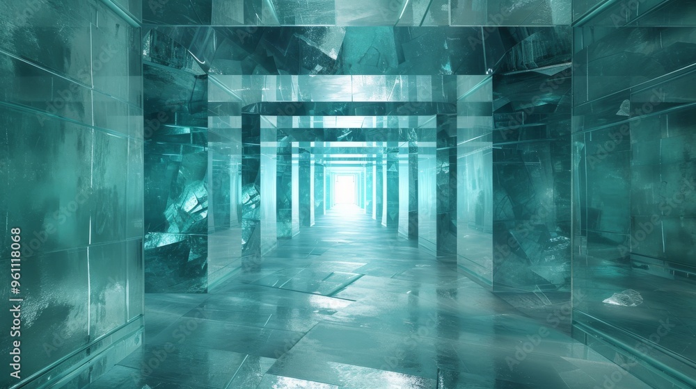 A seemingly endless glass corridor illuminated by teal light, creating ...