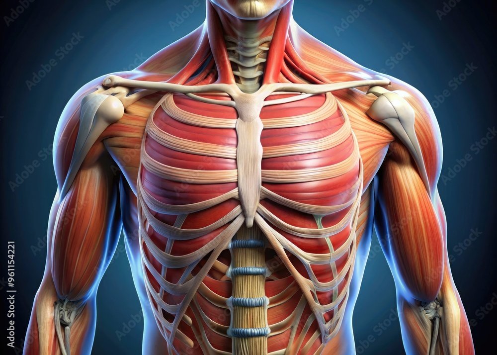 Ilustração Anatomical illustration of the rib cage and thoracic muscles ...