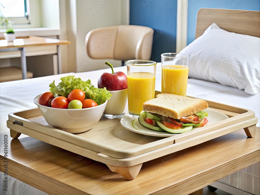 A sterile hospital bed food tray holds a nutritious meal, including a ...