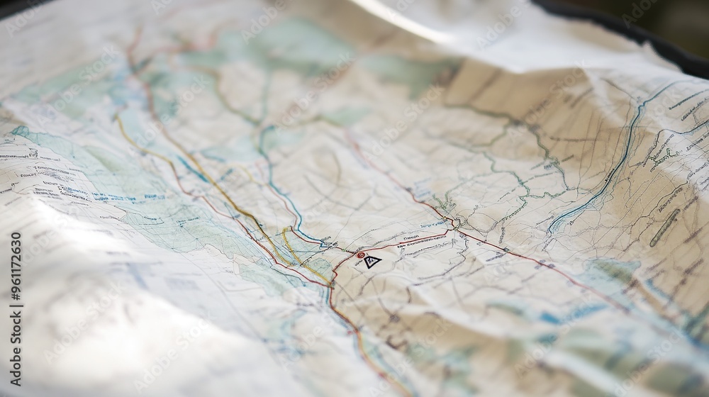Route from Point A to Point B marked on a paper map, illustrating a ...