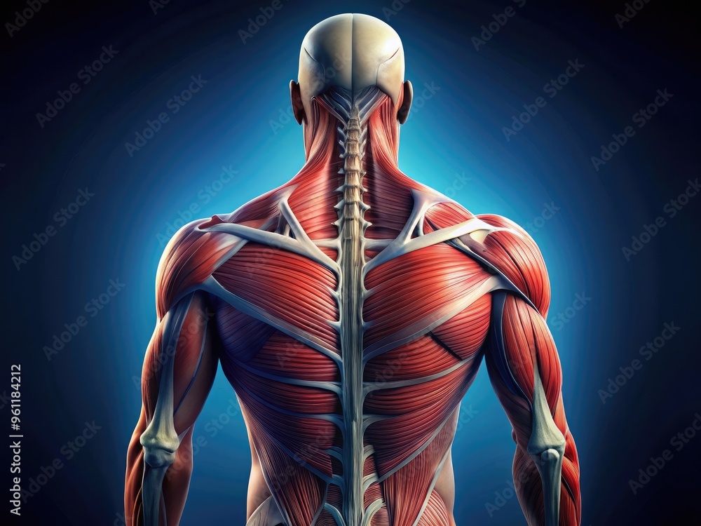 Detailed illustration of human muscular back anatomy, showcasing ...
