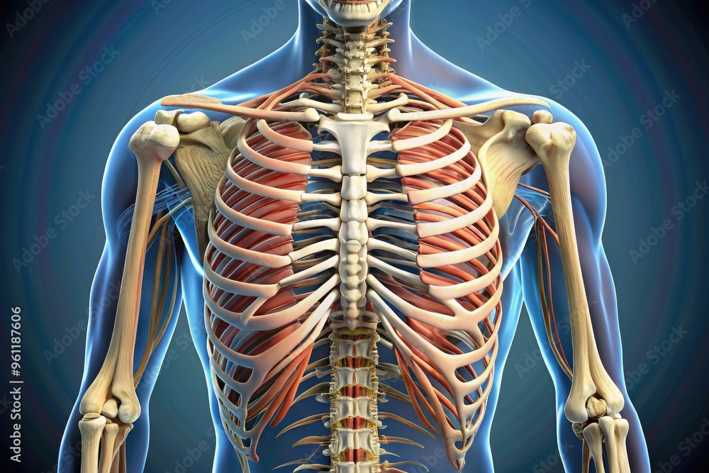 Detailed illustration of the human thoracic spine, showcasing the 12 pairs of ribs, sternum, and ...