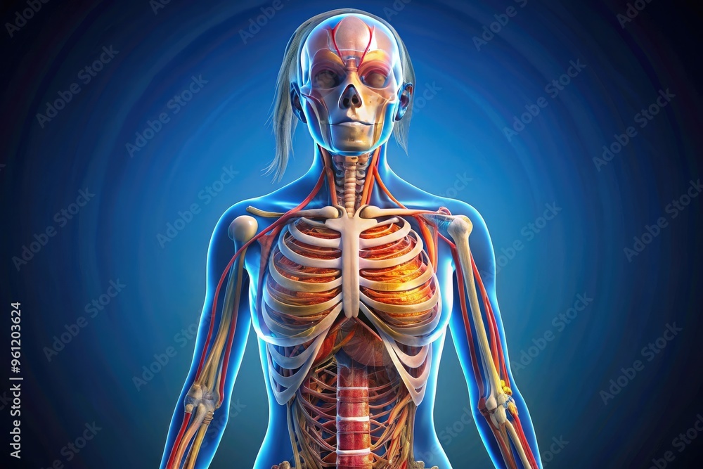 Illuminated 3D illustration of a female human body's internal organs ...