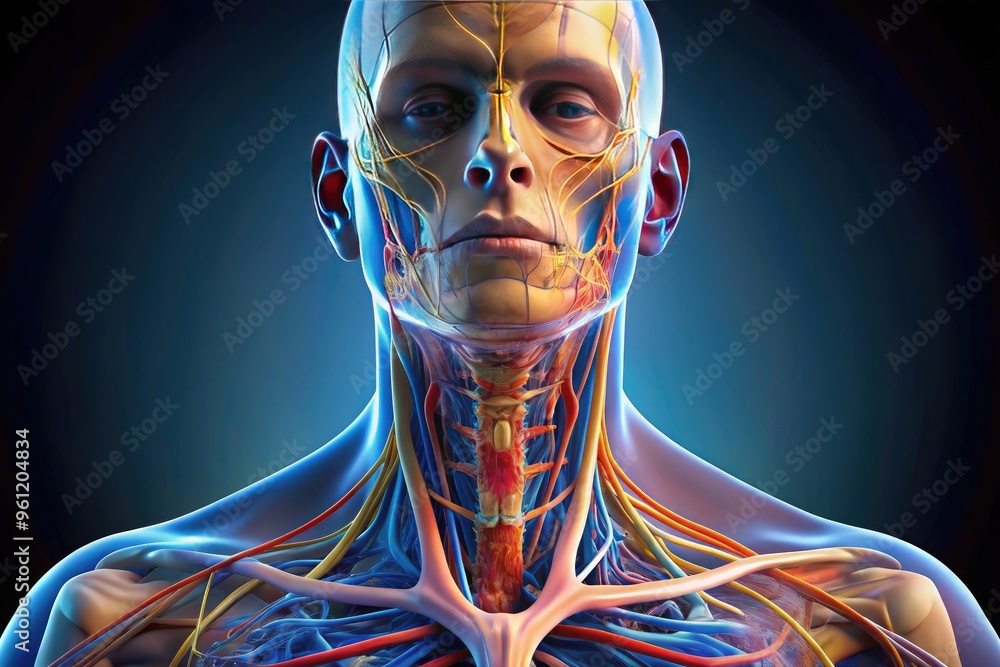 Illuminated 3D illustration of the human neck's intricate anatomy ...