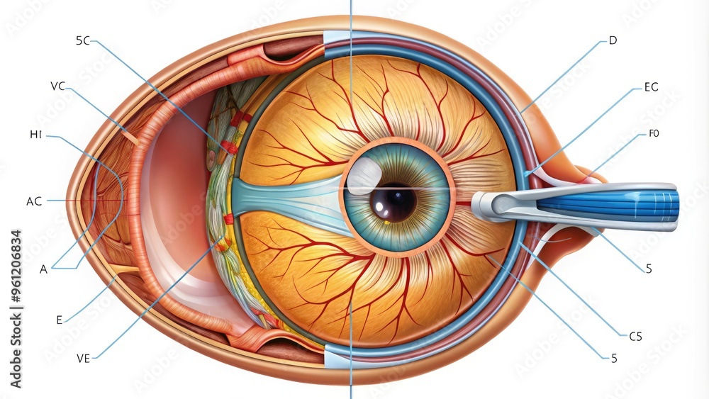 Illustrated cross-sectional diagram of the human eye, showcasing the ...