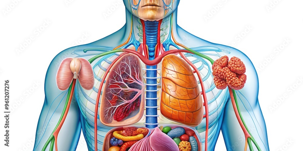 Illustrated diagram of the human respiratory system showing lungs ...