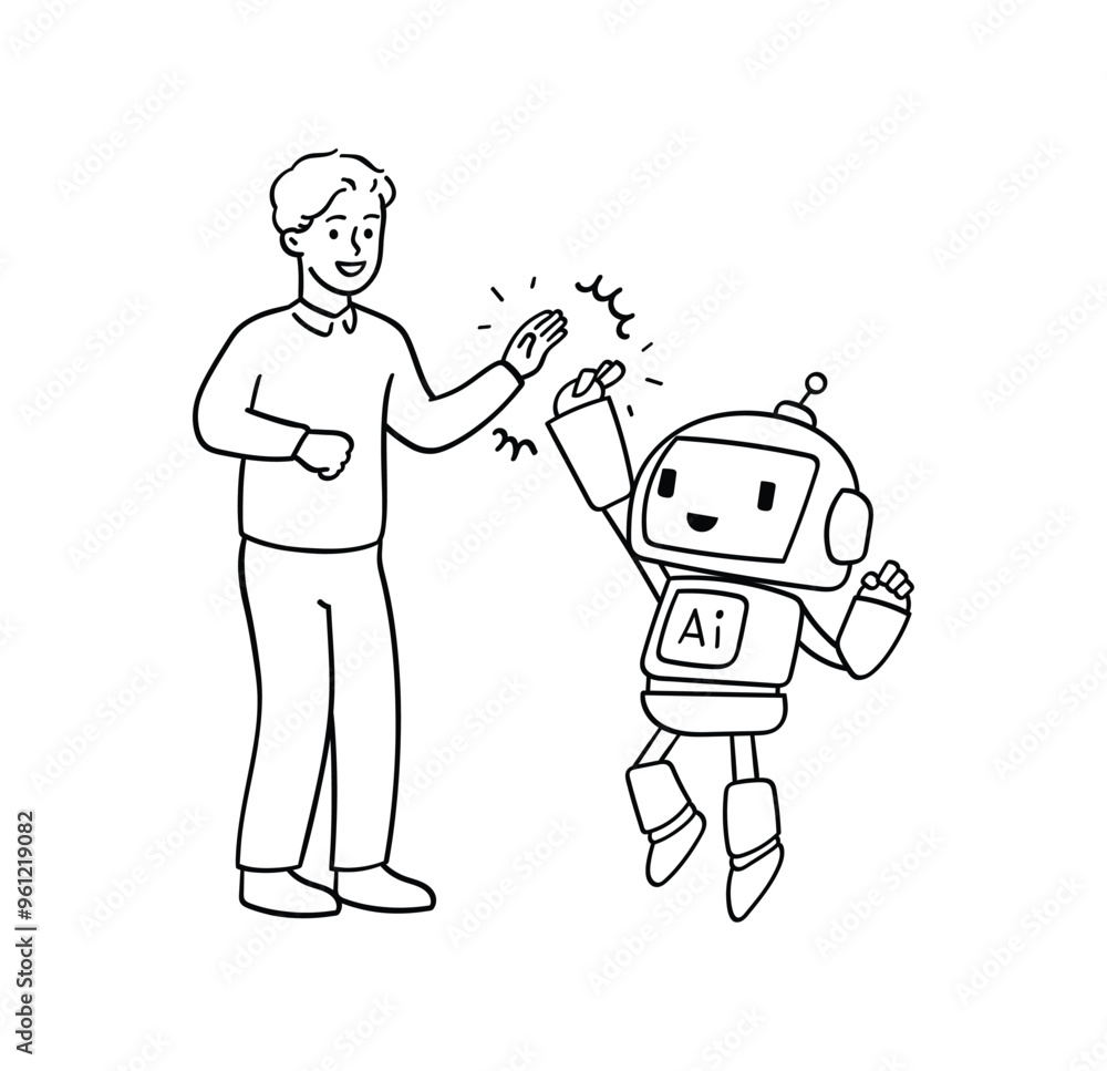 Stock-Vektorgrafik „Vector icon for man high-fiving a cute AI robot. A ...