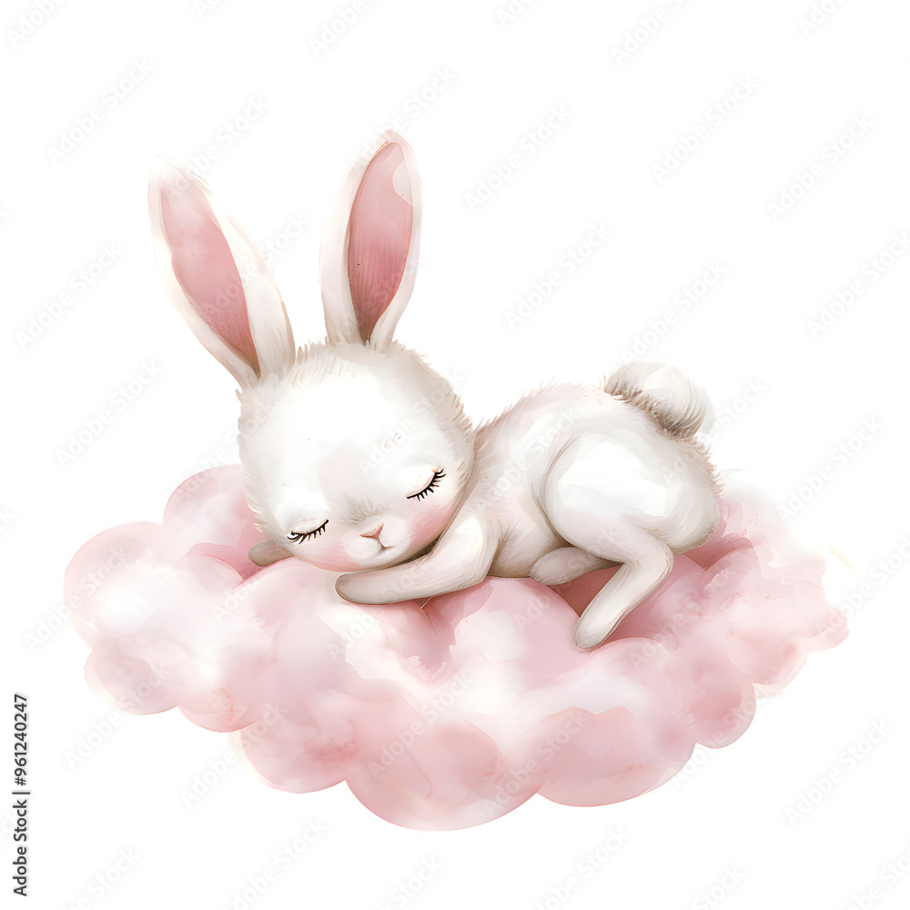 Light Pink rabbit bunny sleeping in cloud watercolor cartoon ...