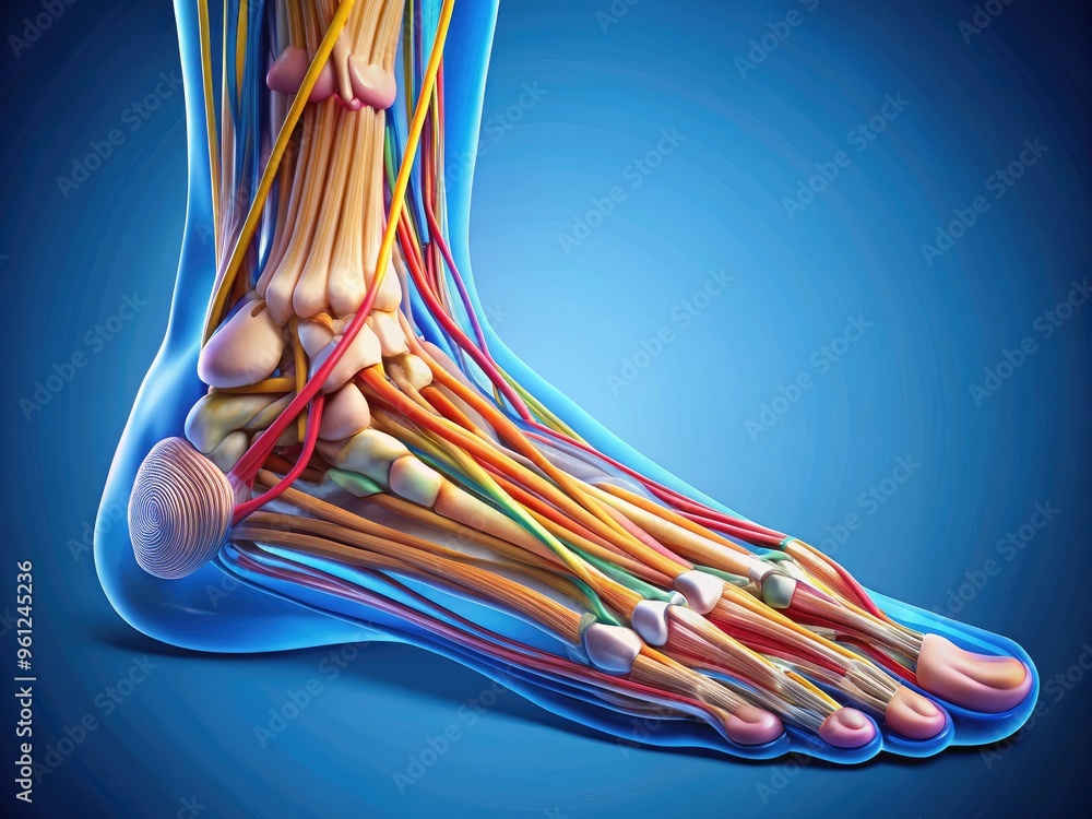 Ilustración de Stock Vibrant illustration of human foot anatomy, showcasing detailed bones ...