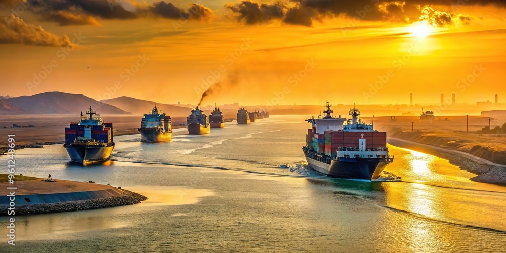 Container ships and tankers lined up in the Suez Canal, illuminated by ...