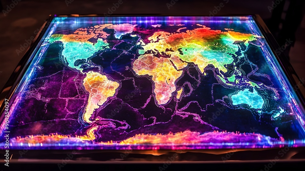 Holographic display of a world map with continents and countries illuminated in vibrant colorful ...