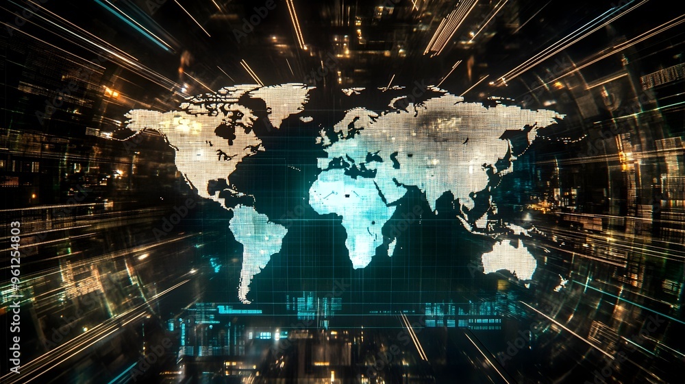 Holographic display of a world map with time zones indicated across all continents representing ...