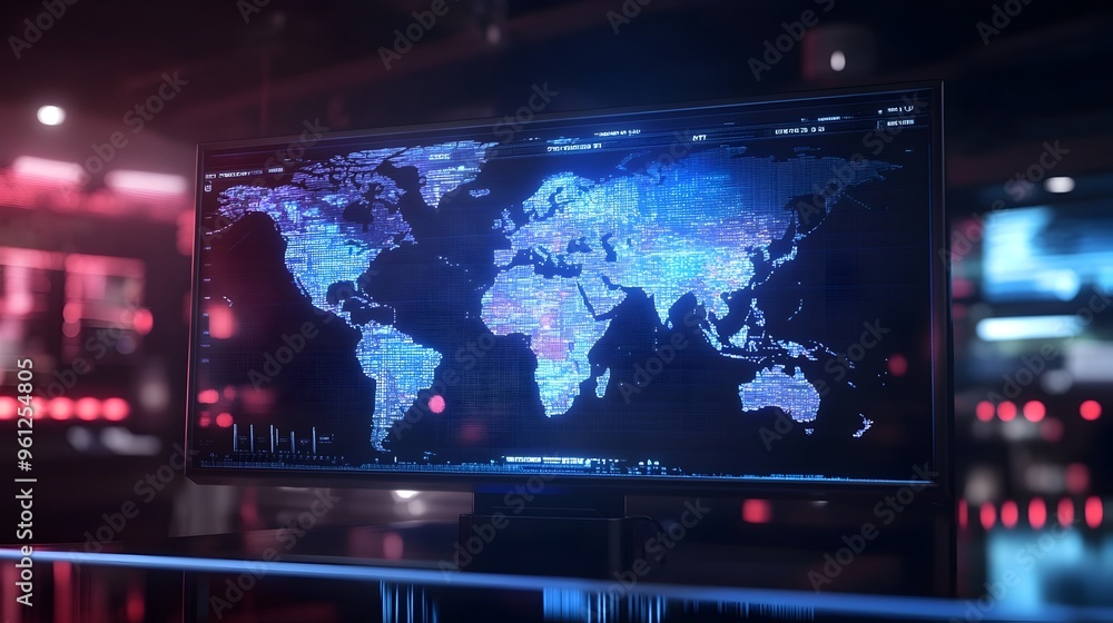 Holographic projection of a detailed world map with time zones clearly indicated across all ...