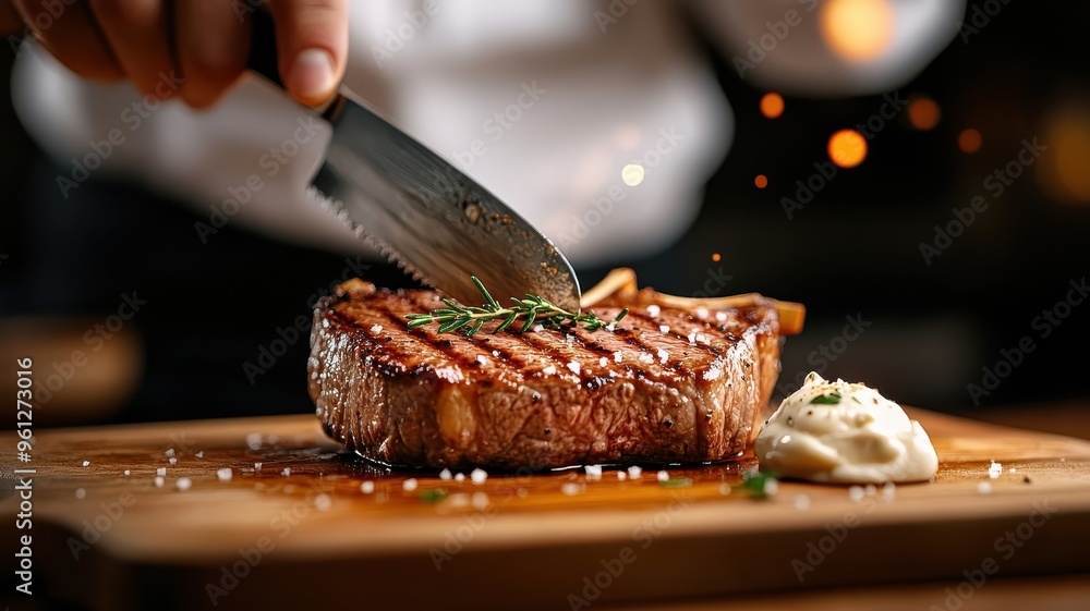 A chef slicing into a perfectly grilled T-bone steak, revealing its ...
